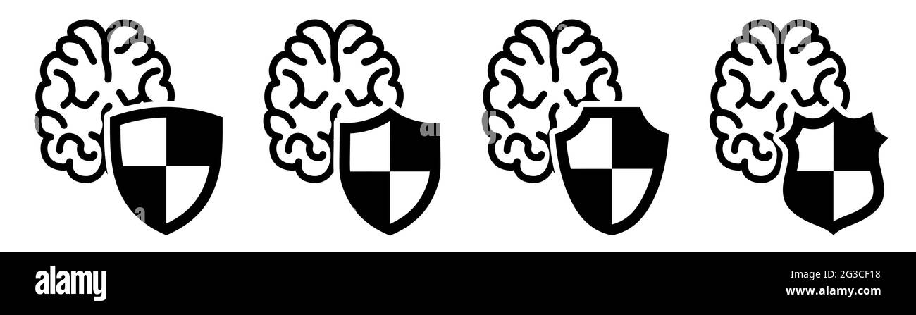 Brain icon behind shield, different versions. Thinking or mind ...