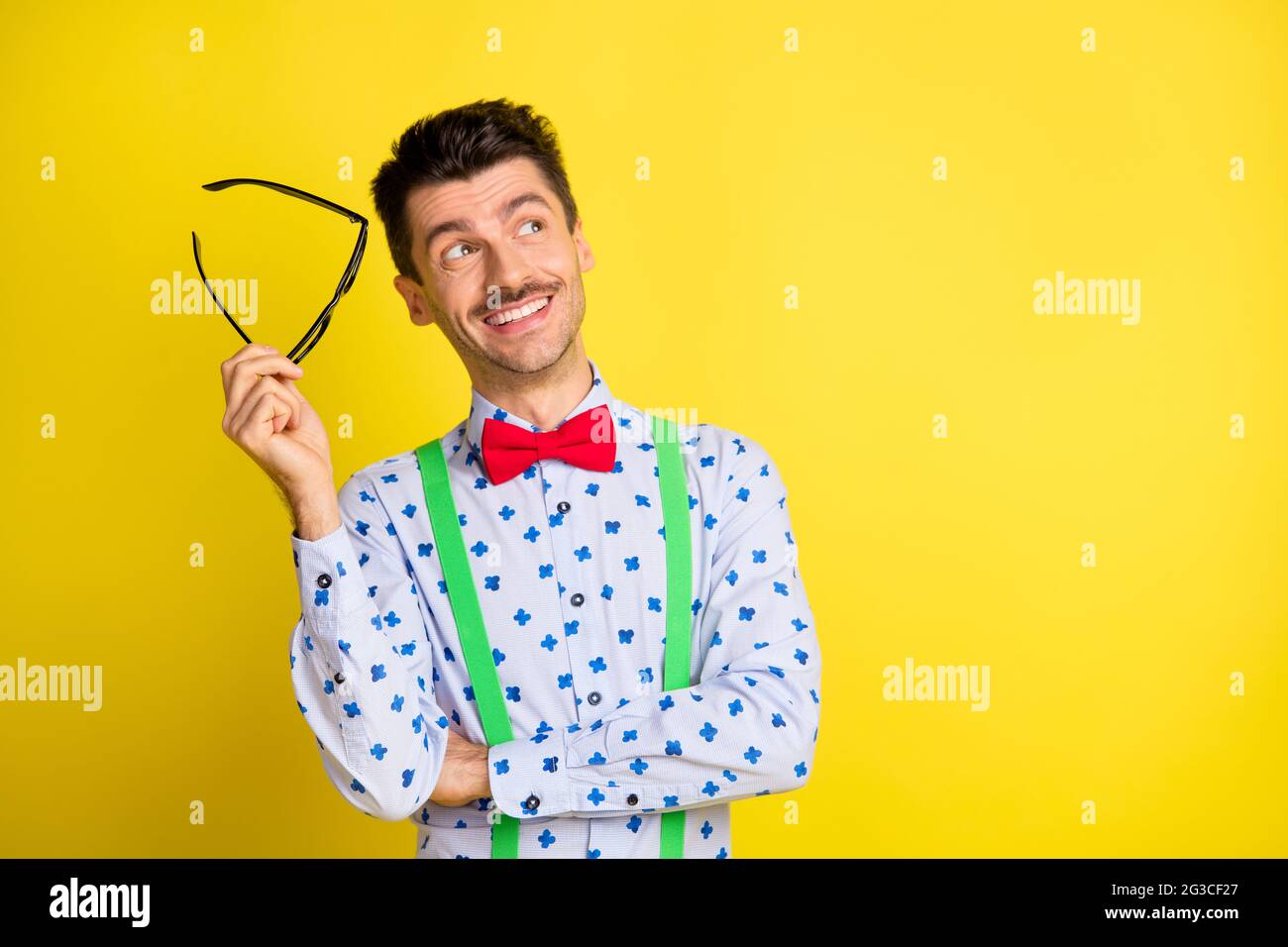 Photo of young handsome man happy positive smile dream dreamy look ...