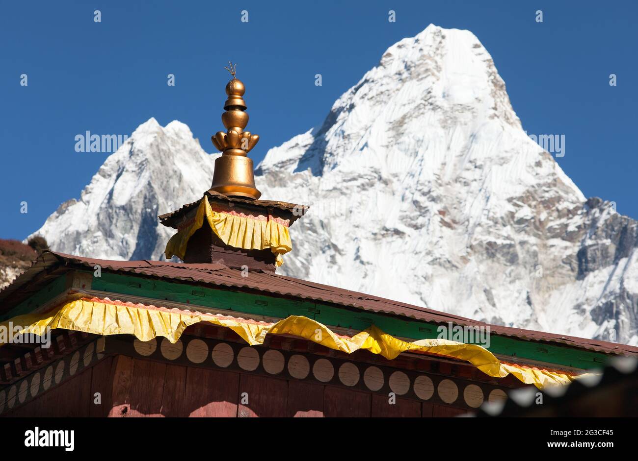 Buddhist Temple - pangboche monastery - detail of roof with mount Ama ...