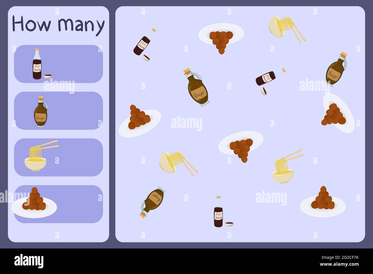 Kids mathematical mini game - count how many foods - soy sauce, vinegar ...