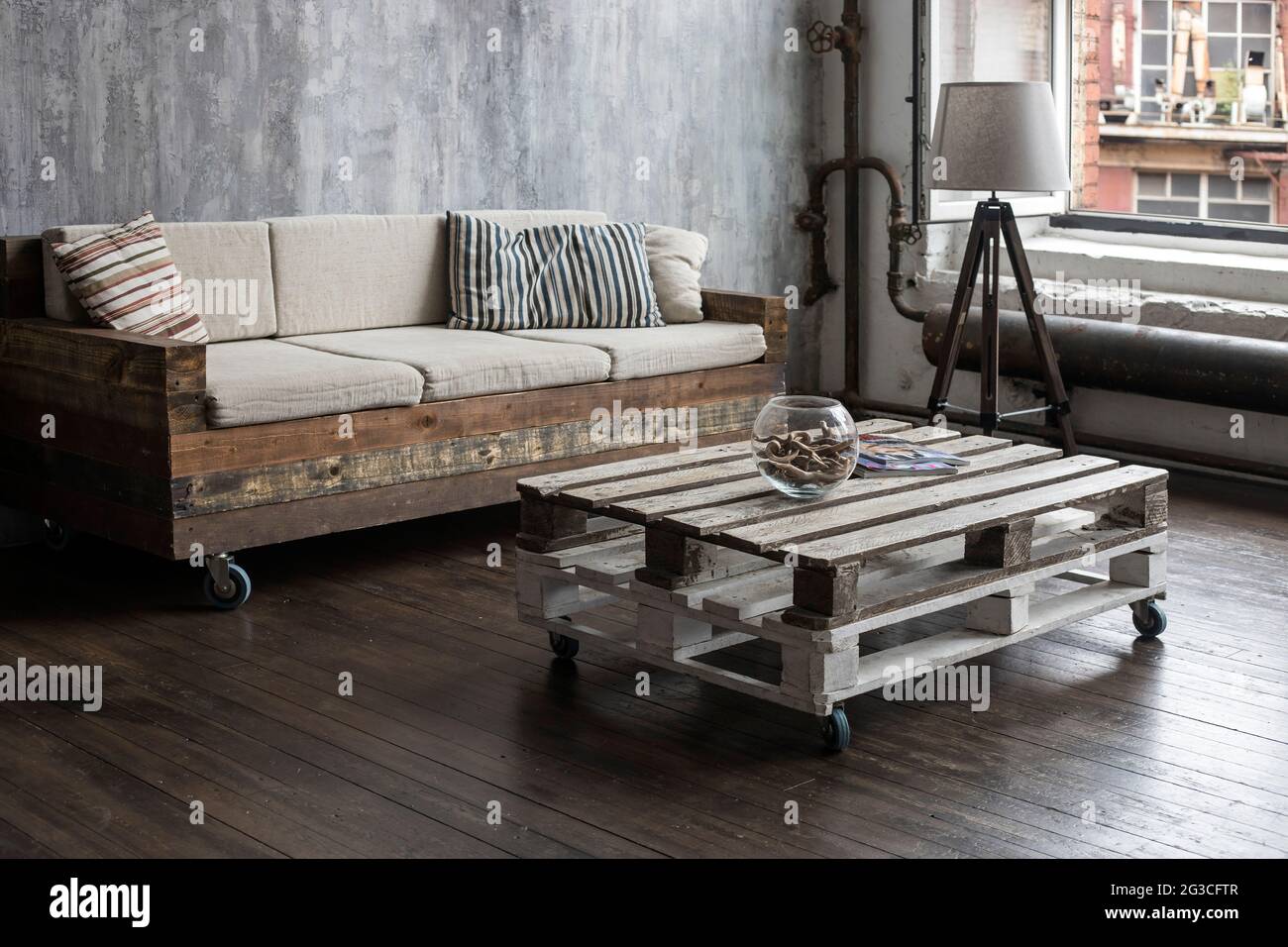 Moscow, Russia - 12 June 2021, Wooden block sofa and coffee table ...