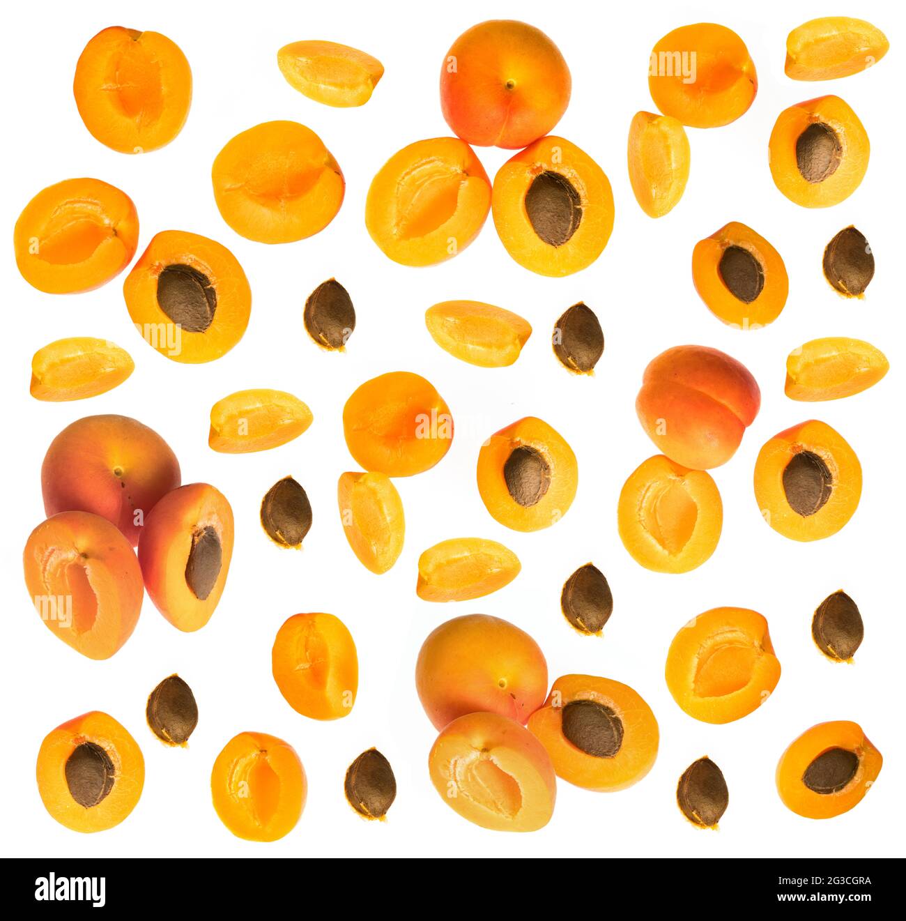 Collage of ripe fruits of Apricot, whole and cut into pieces, on a ...
