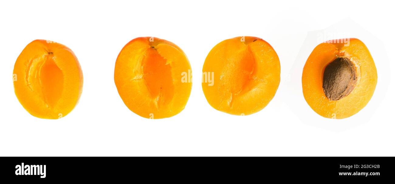 Four separate halves of a ripe apricot fruit, on a white background ...