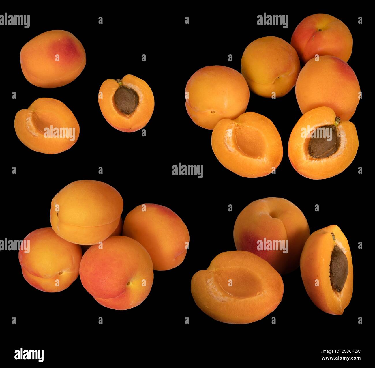 Collage of ripe Apricot fruits, whole and cut into pieces, on an ...