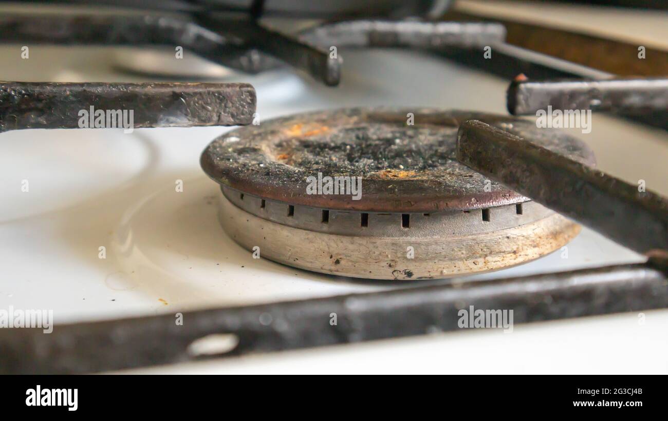 Dirty gas stove in the kitchen for cooking with vegetable oil stains ...