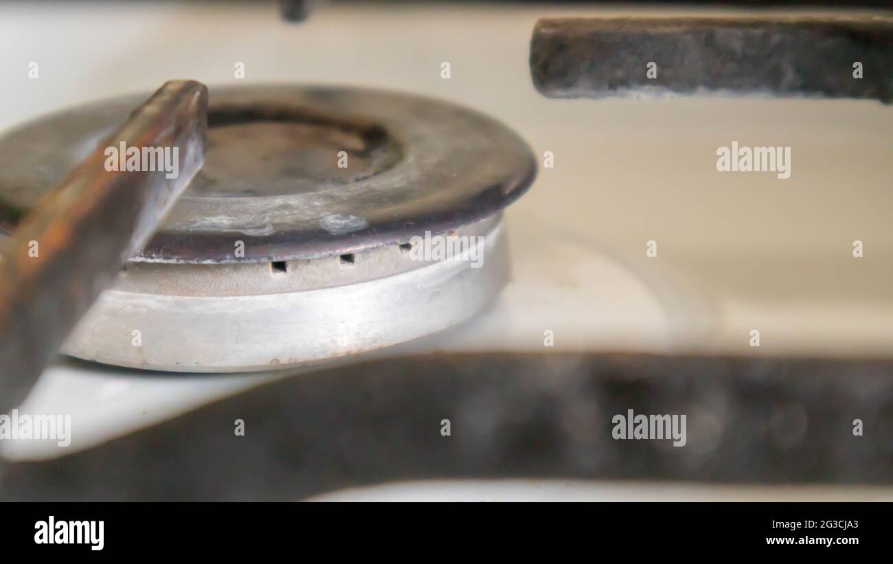Dirty gas stove in the kitchen for cooking with vegetable oil stains ...