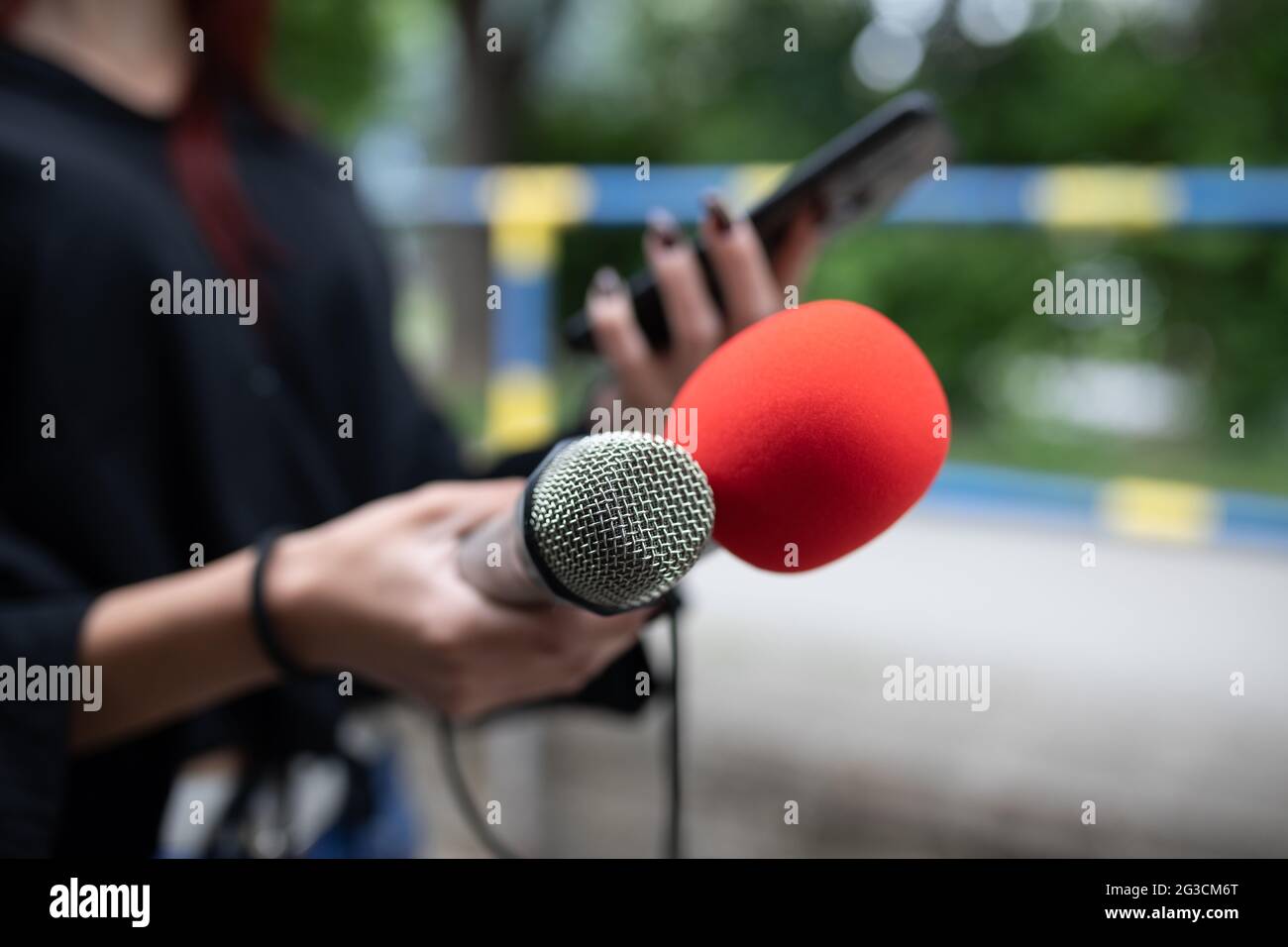 Female journalist at news conference, recording notes, holding ...