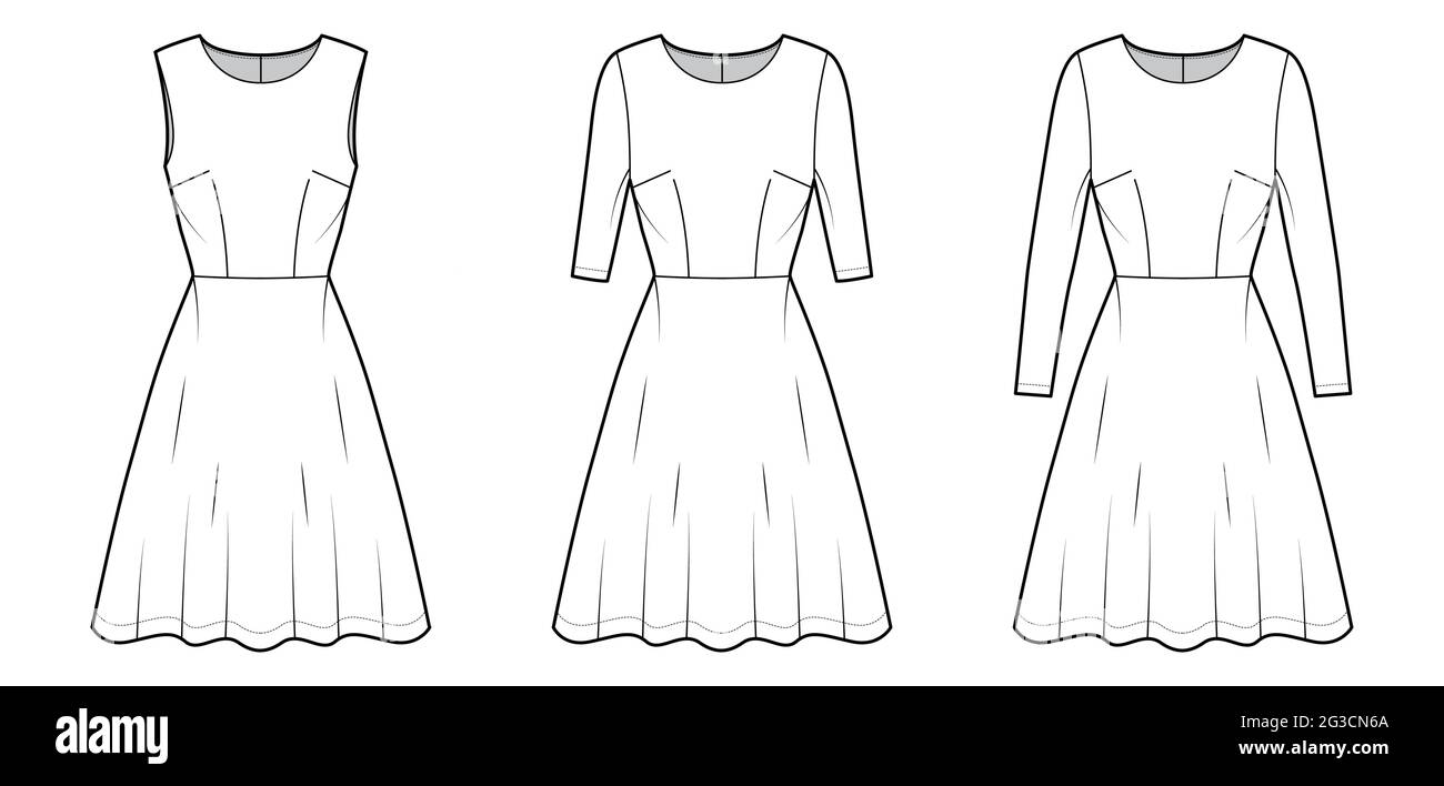 Set of Dresses flared skater technical fashion illustration with long ...