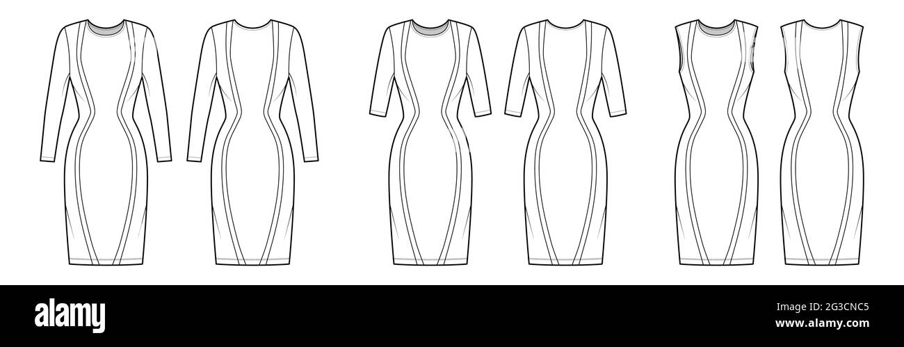 Set of Dresses panel technical fashion illustration with hourglass ...