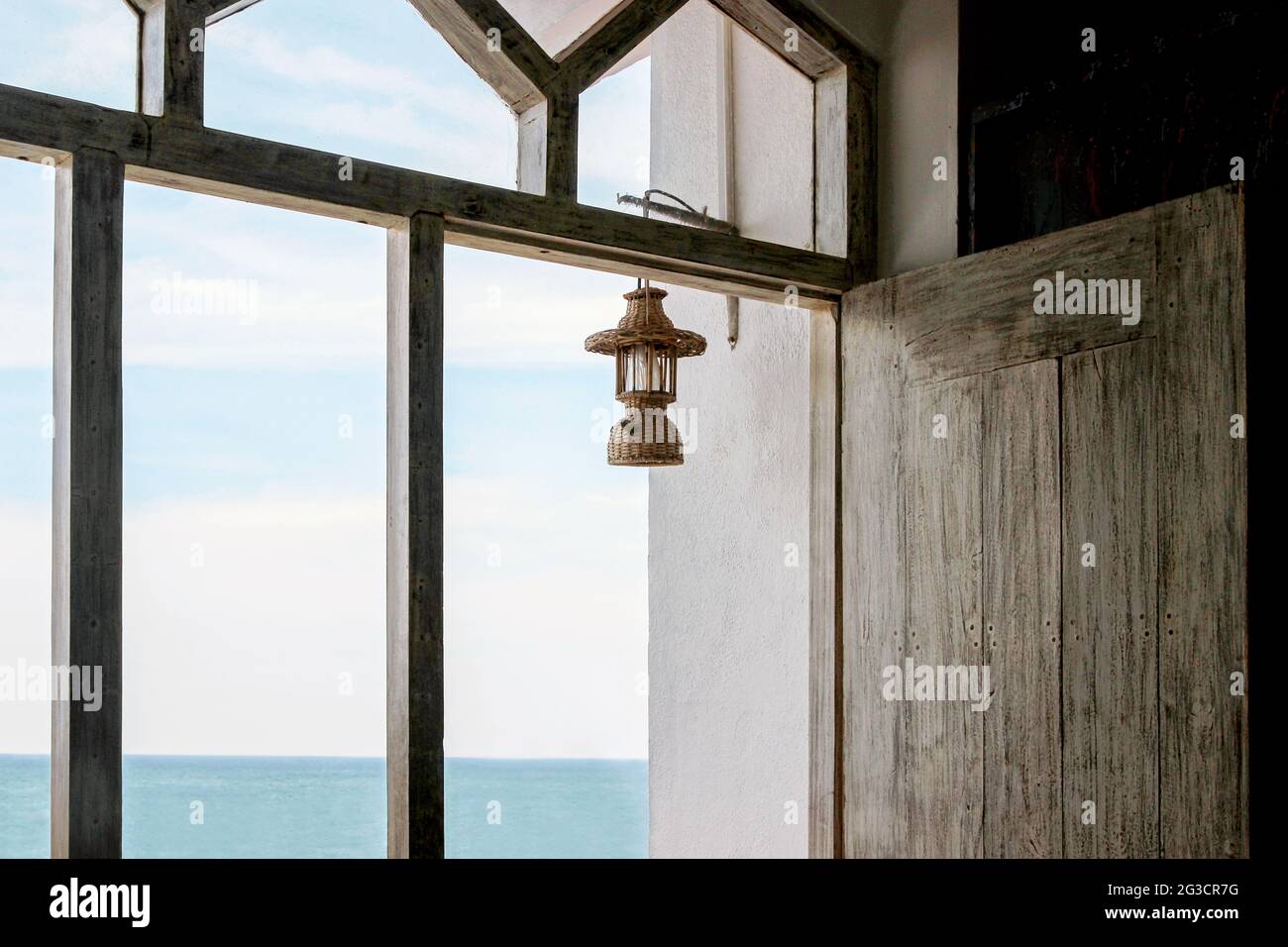blue sky with seaview outside wooden window Stock Photo - Alamy