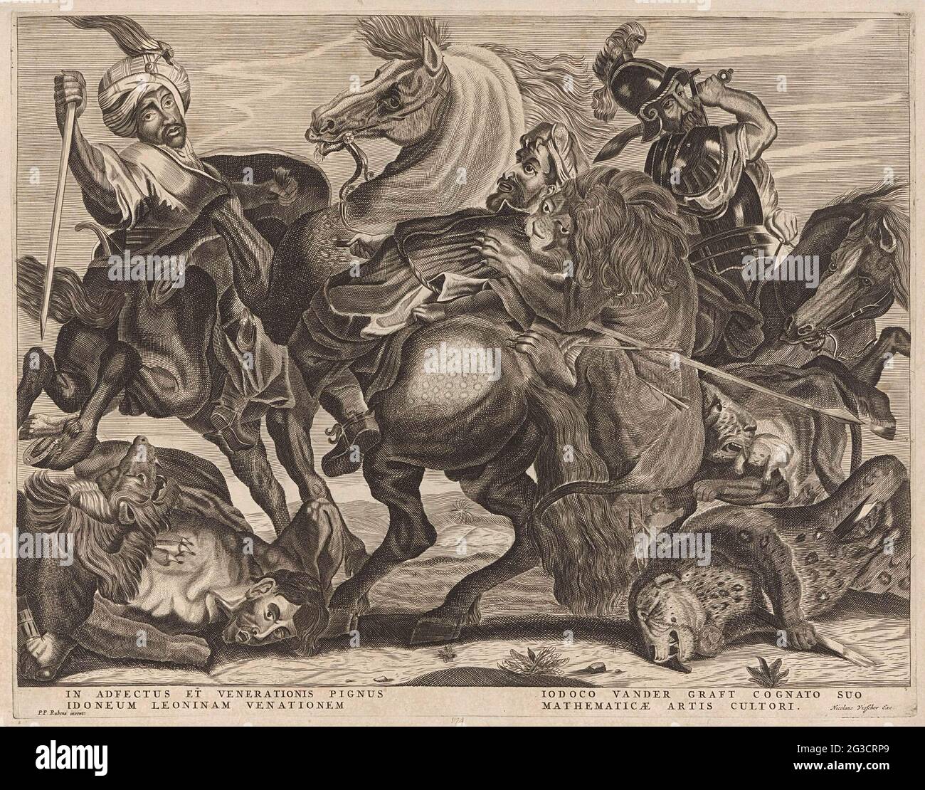 Lion hunt. Horsemen hunt lions. A lion falls off one of the riders and ...