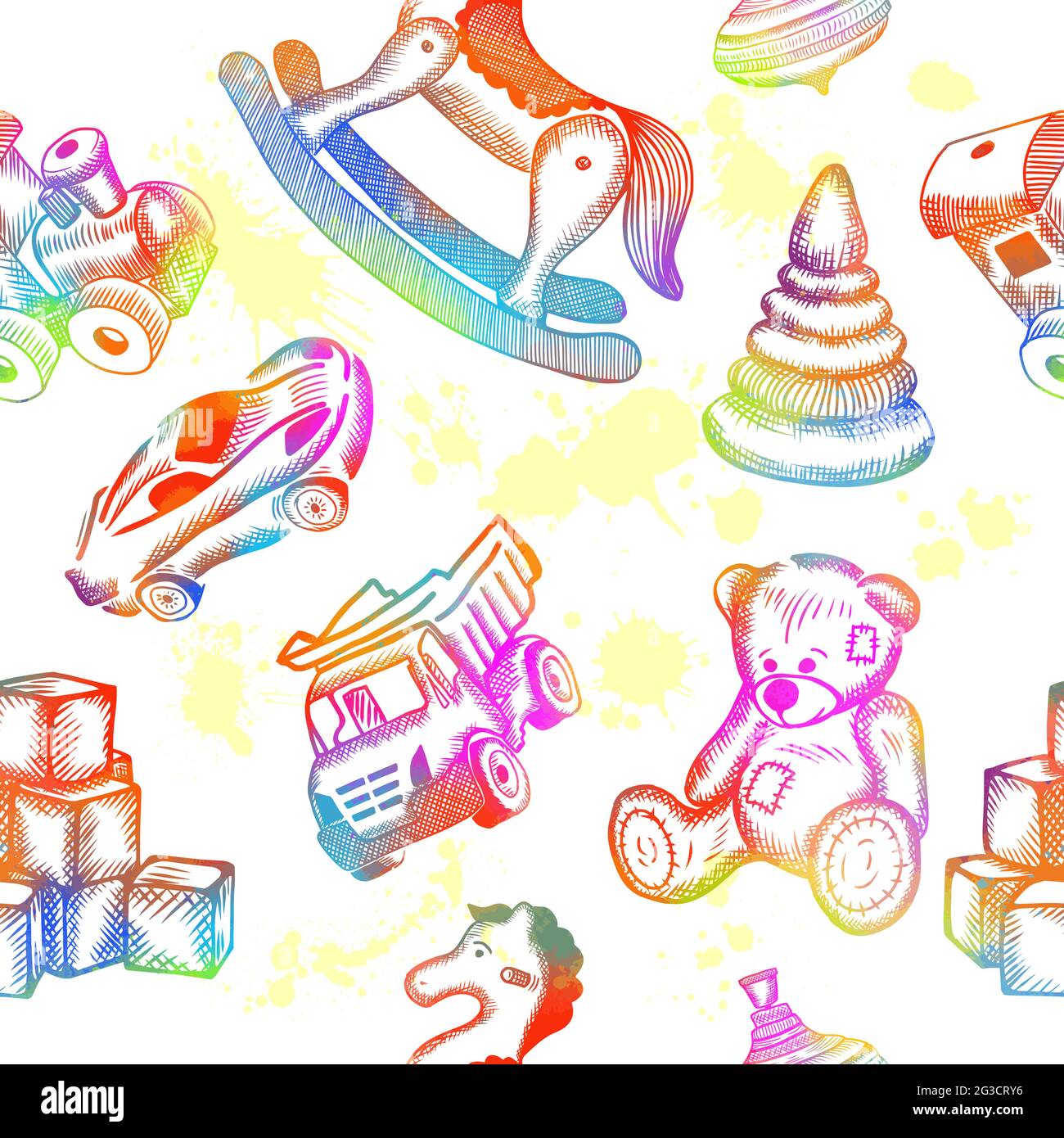 The seamless background of children's colorful toys is drawn with a pen ...