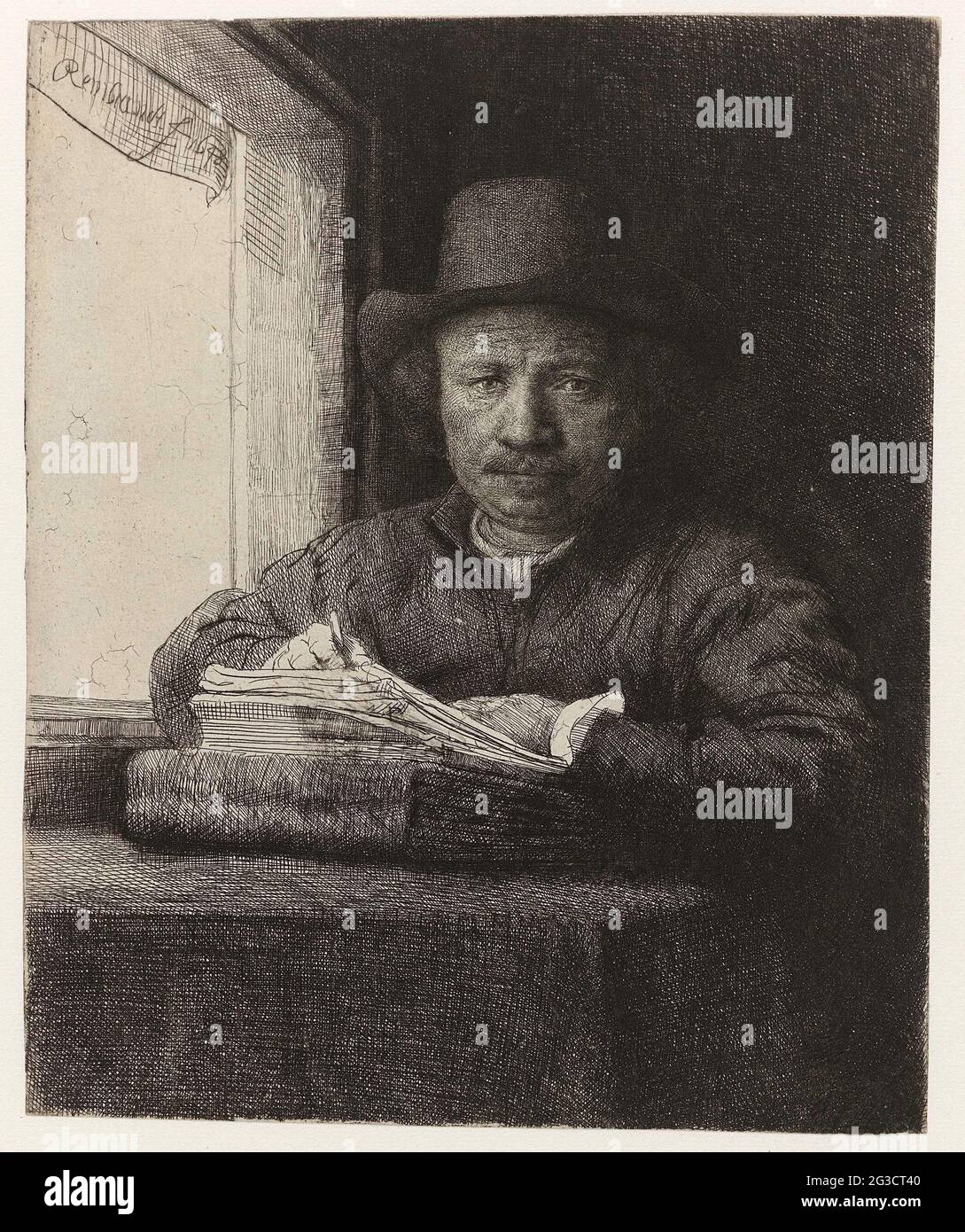 Self-portrait of Rembrandt, Etching at a Window. Rembrandt is hard at ...
