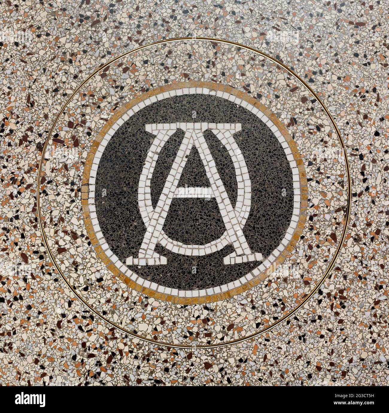 Detail of the mosaic in the front hall with the sign of alpha and omega ...