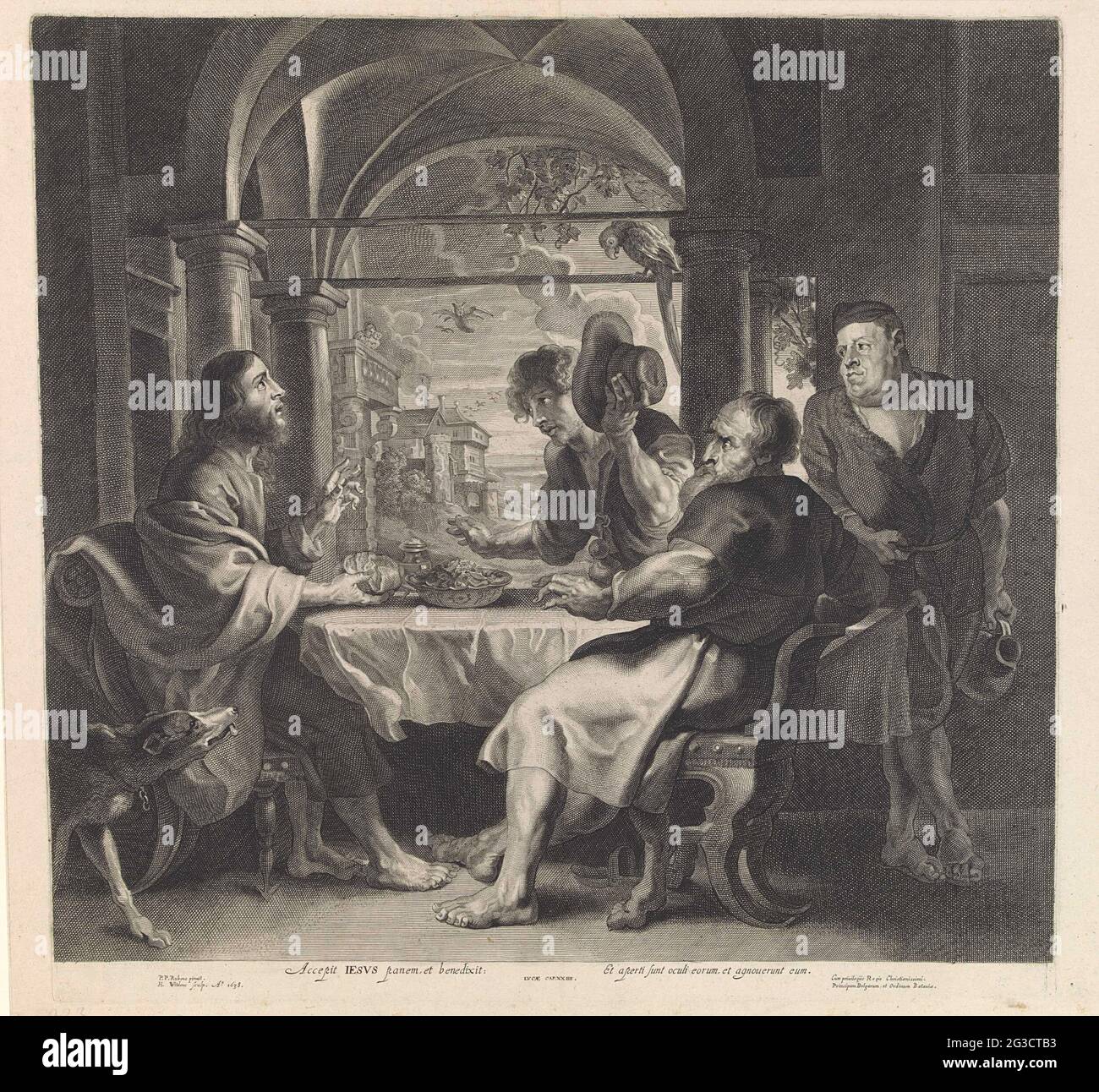 Meal in Emmaüs. Christ and two apostles are sitting around a table in ...