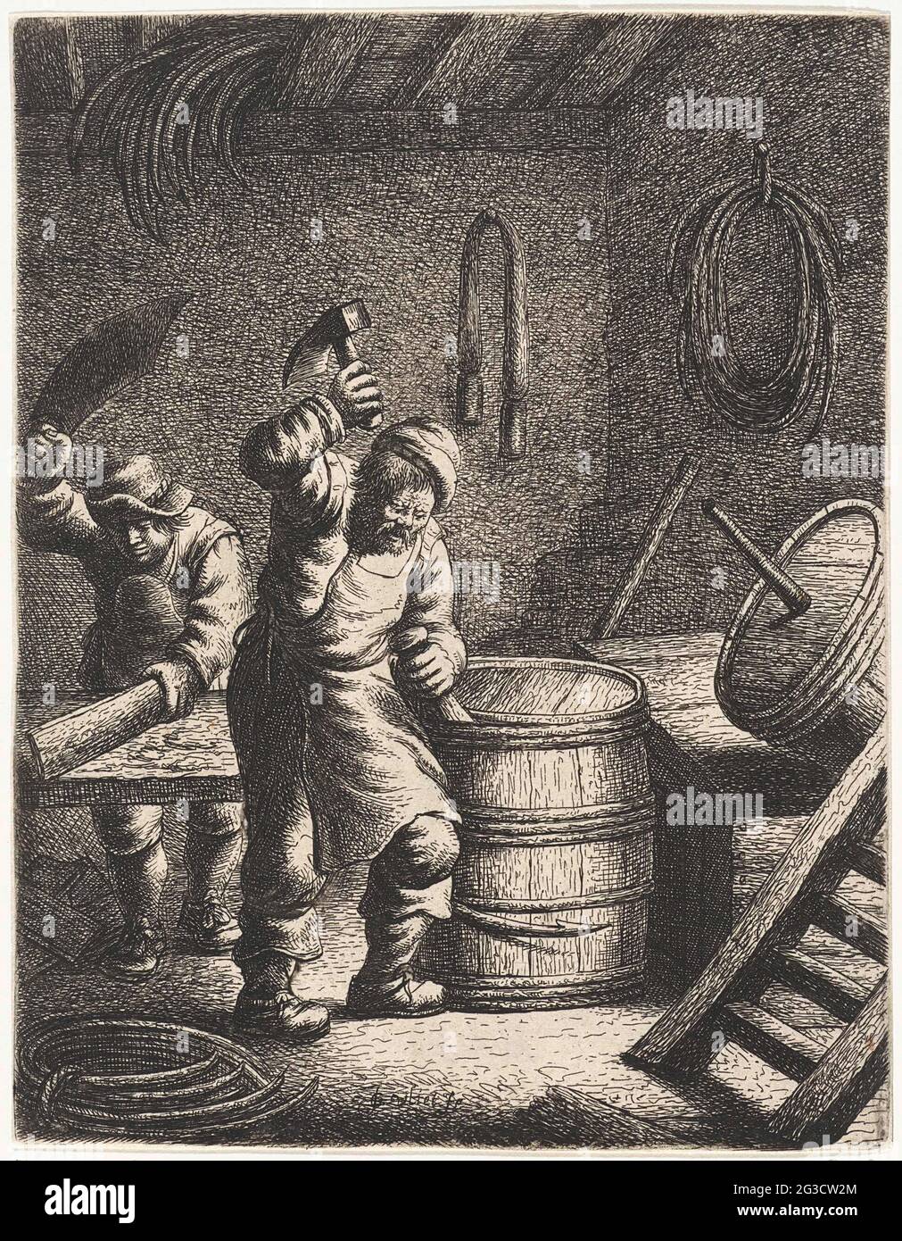 Cooper; Professions. Two men are busy making tons in a workshop Stock ...