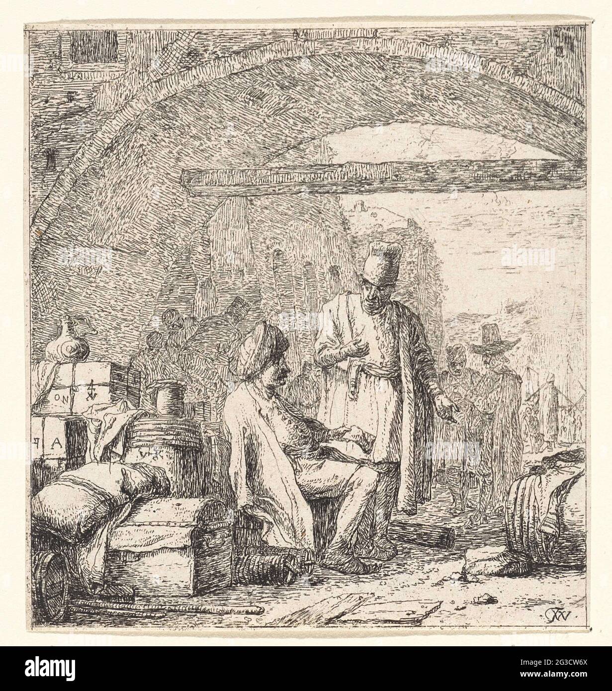 Two merchants in a warehouse; Southern landscapes with figures. Two ...