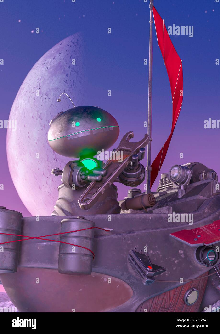worker bot is fixing a floating boat in another planet close up, 3d ...