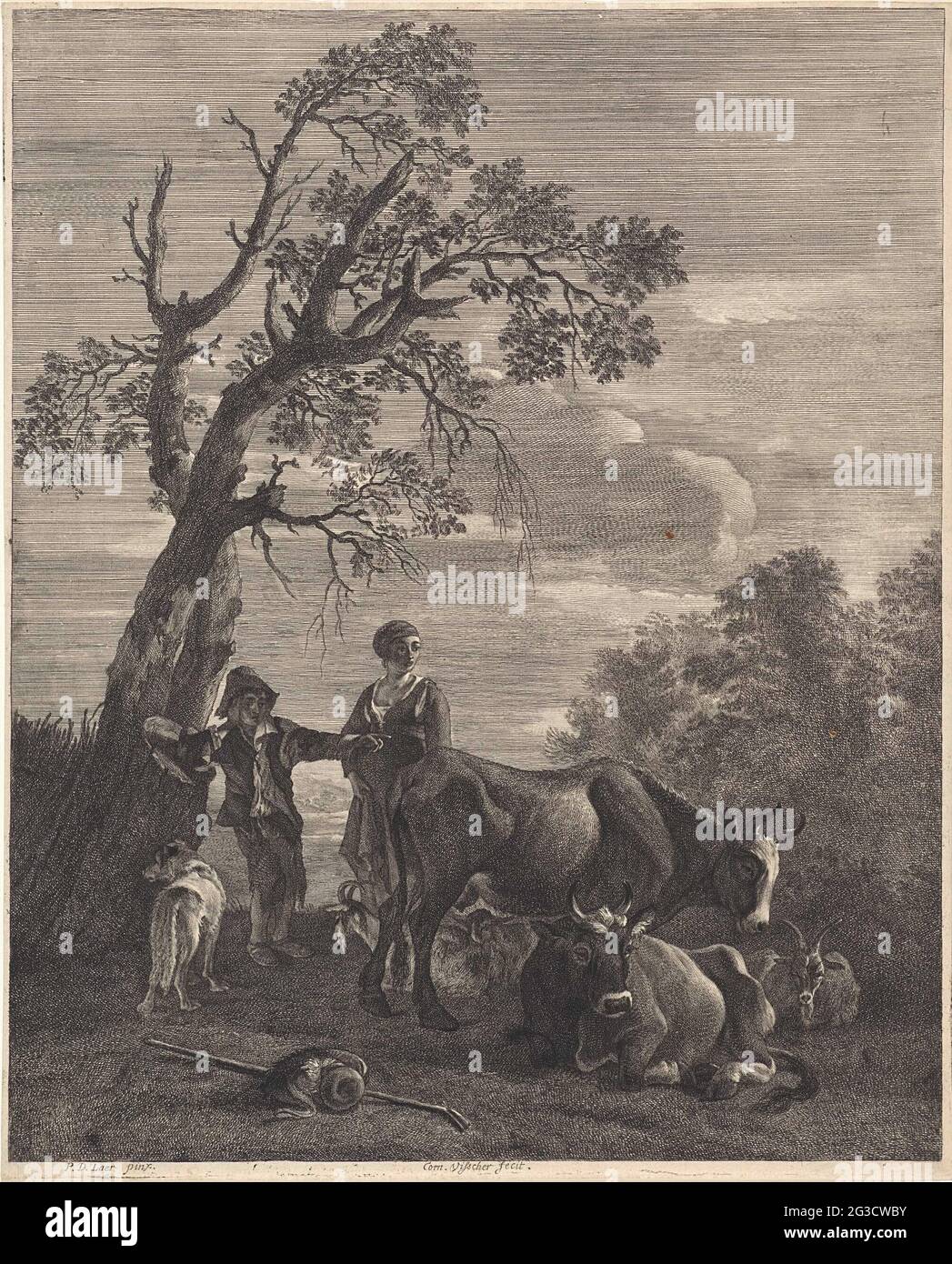 Young shepherd and shepherd at a tree. Landscape with a shepherd and a ...