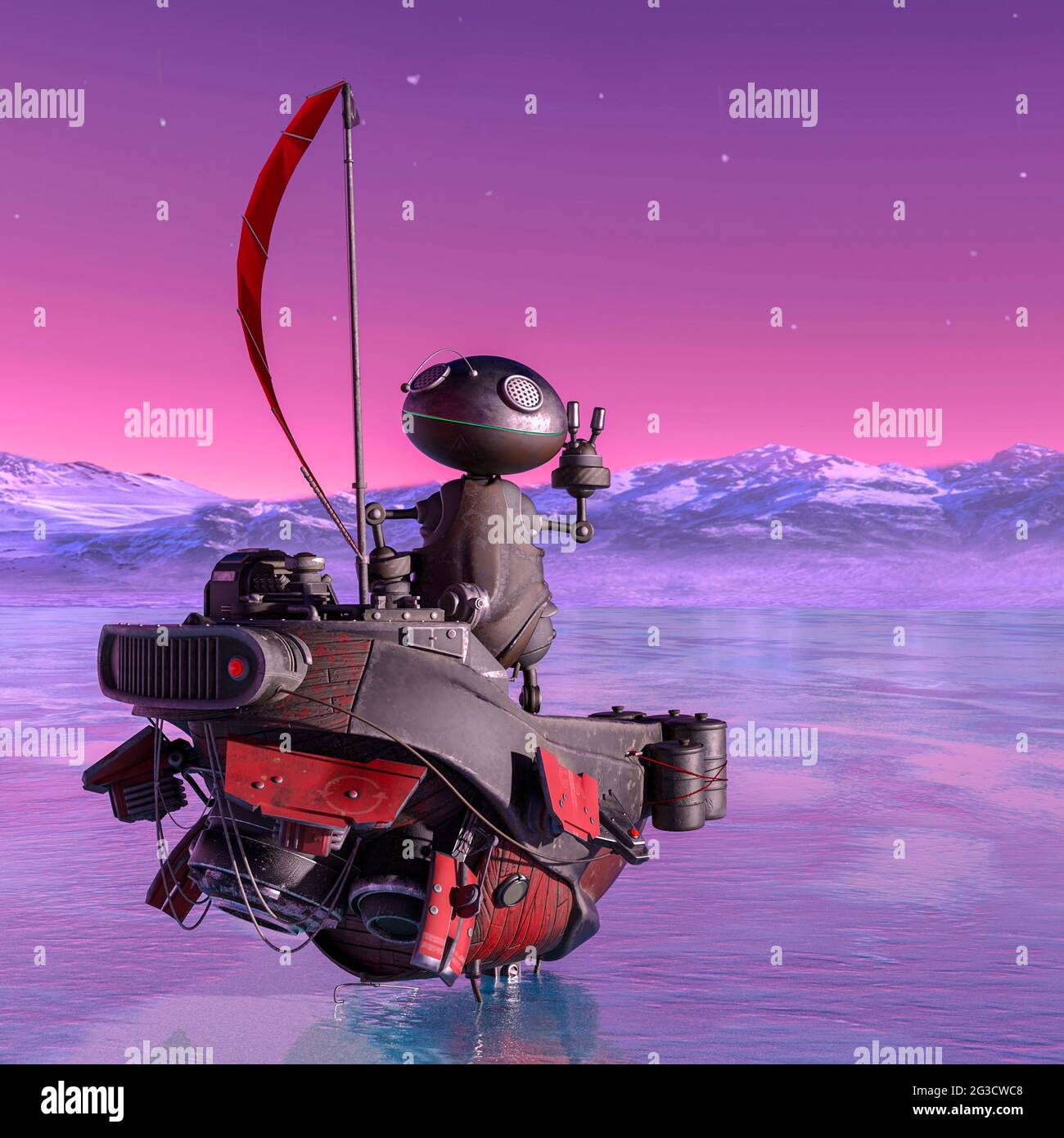 worker bot is seiling in a floating boat on a frozen lake in another ...