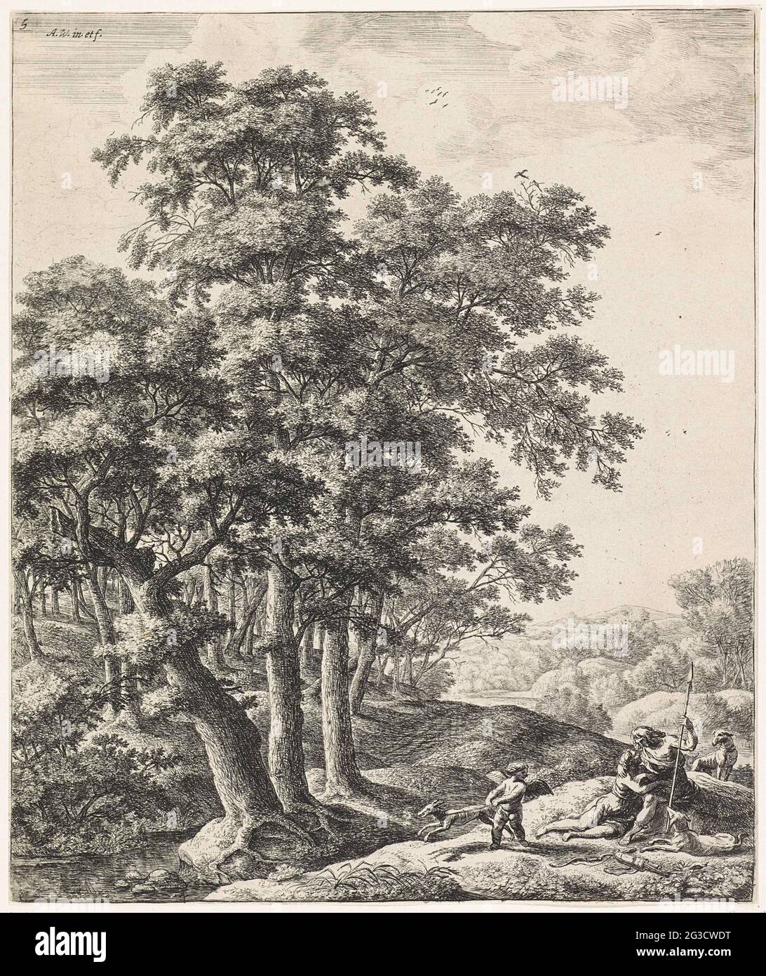 Venus and Adonis. Adonis sits on a small hill in a rolling, wooded ...