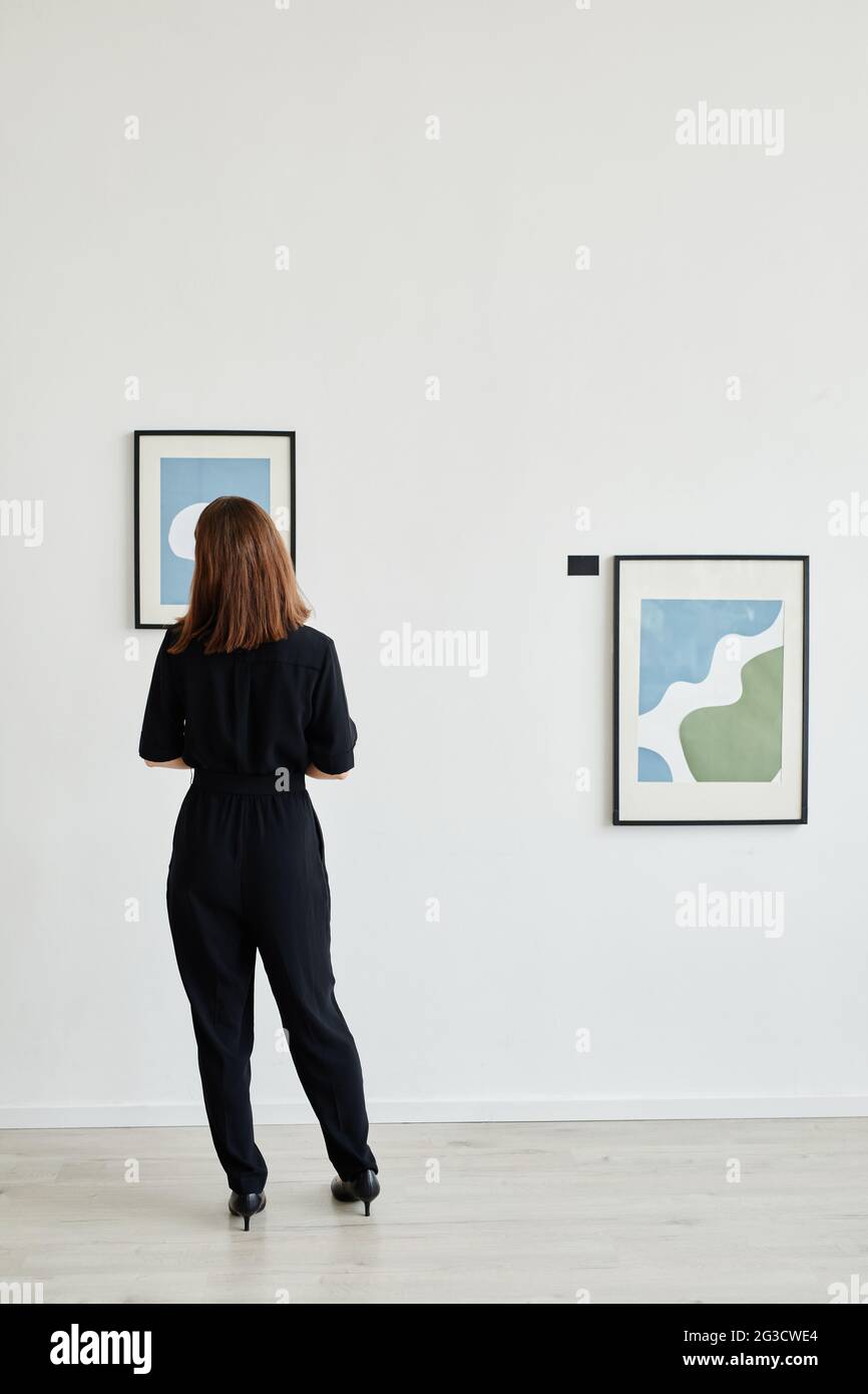 Minimal back view portrait of young woman looking at paintings in ...