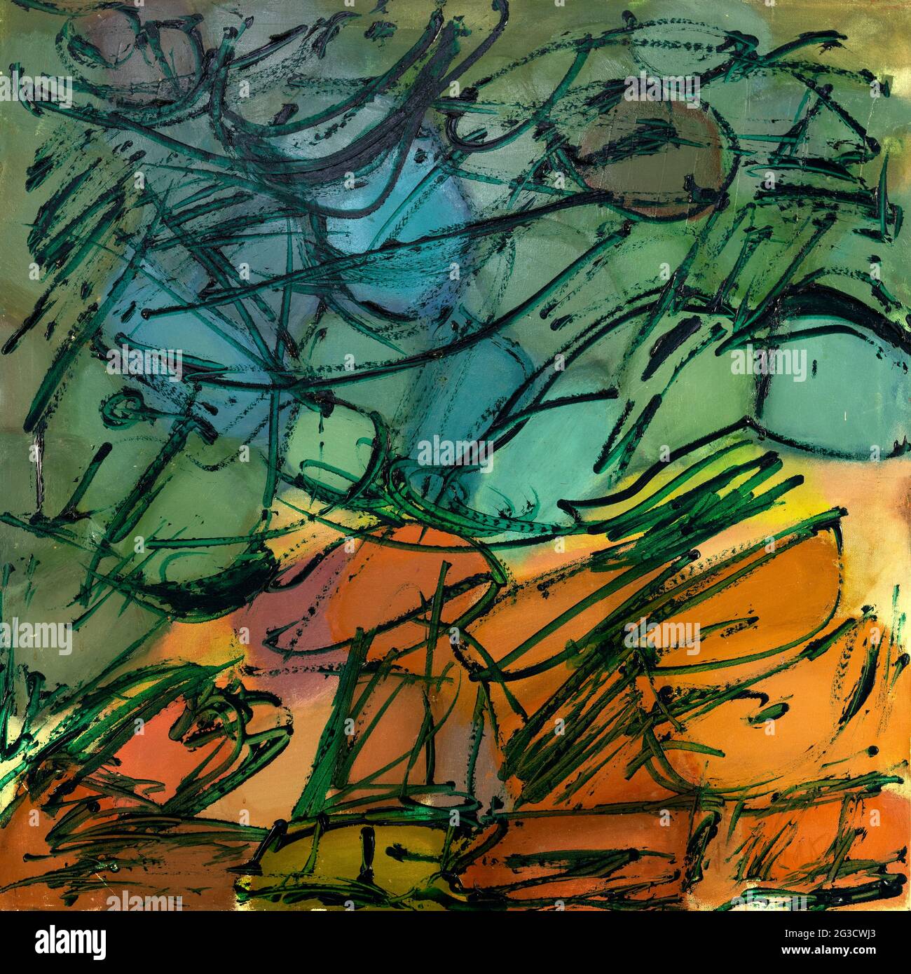 Abstract painting with strong black lines and brushstrokes textures ...