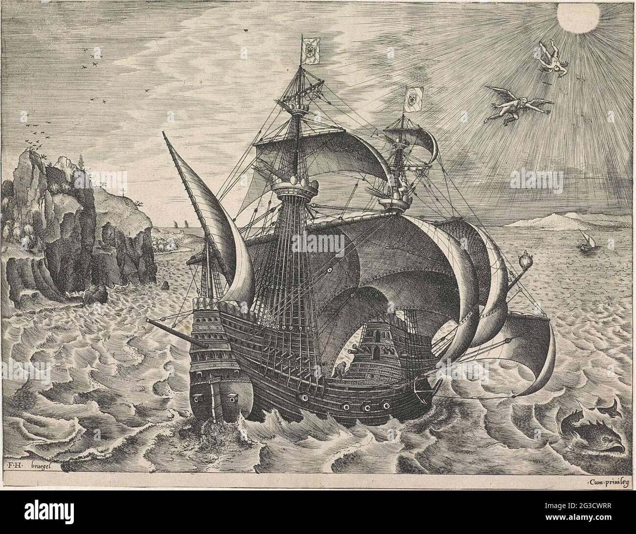Sailing ship with the fall of Icarus; Sailing ships. A sailing ship in ...