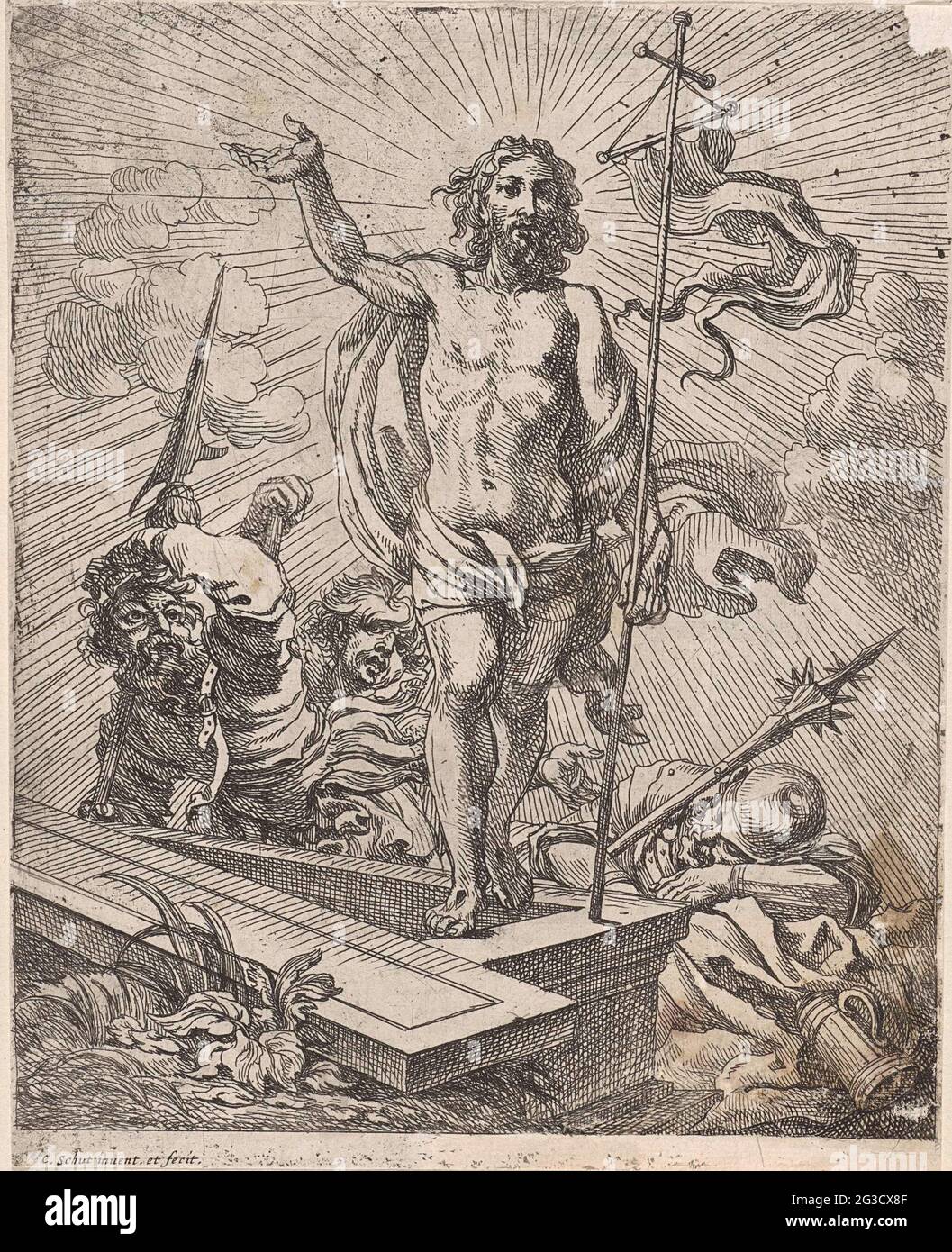 Resurrection. Christ is standing on the opened grave. In his hand he ...