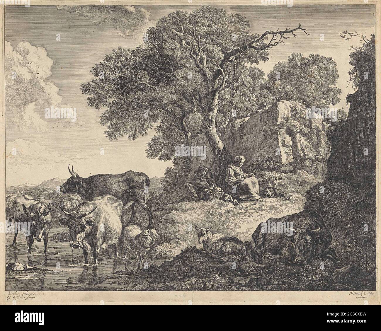 Sleeping shepherd and shepherd in a tree. While two cows, a sheep and a ...