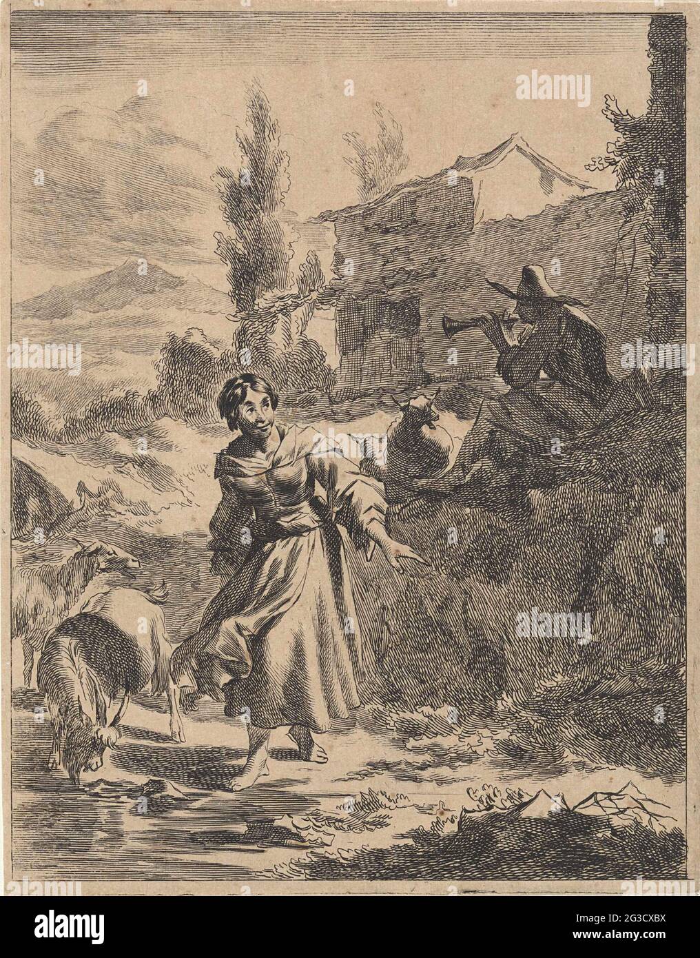 Flute playing shepherd. In a hilly landscape, a shepherd flute is ...