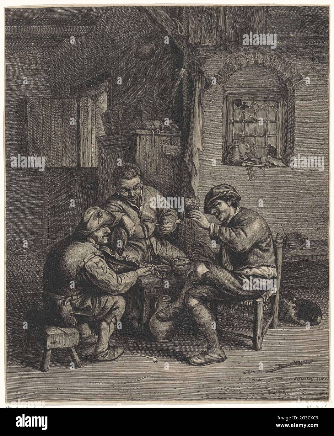 Three farmers sitting around a bench. Interior with three farmers ...