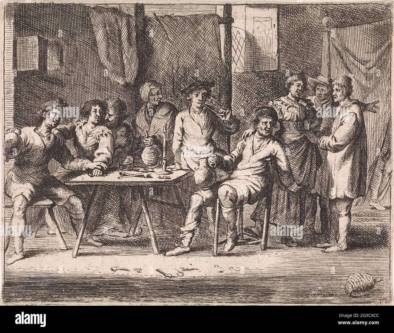 Company in an inn; Genre scenes. Interior of an inn with men and women ...