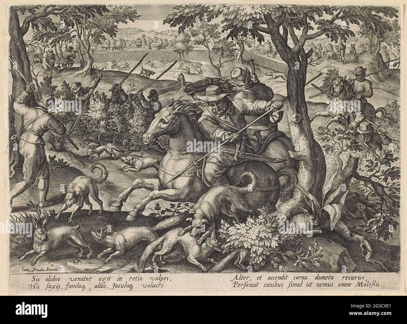 Fox Hunt. Men hunt, partly on foot and partly on horseback, on foxes ...