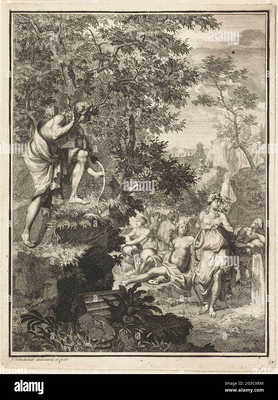 Diana and actaeon. Diana bathes with her nymphs. On the left is Actaeon ...