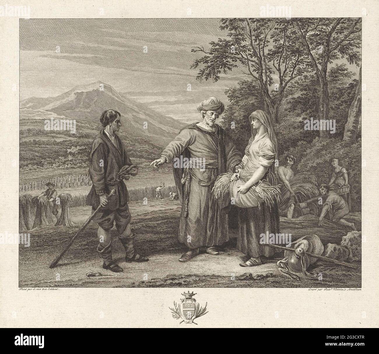 Boaz and Ruth. Boaz, with beard and turban, instructs his mowers to ...