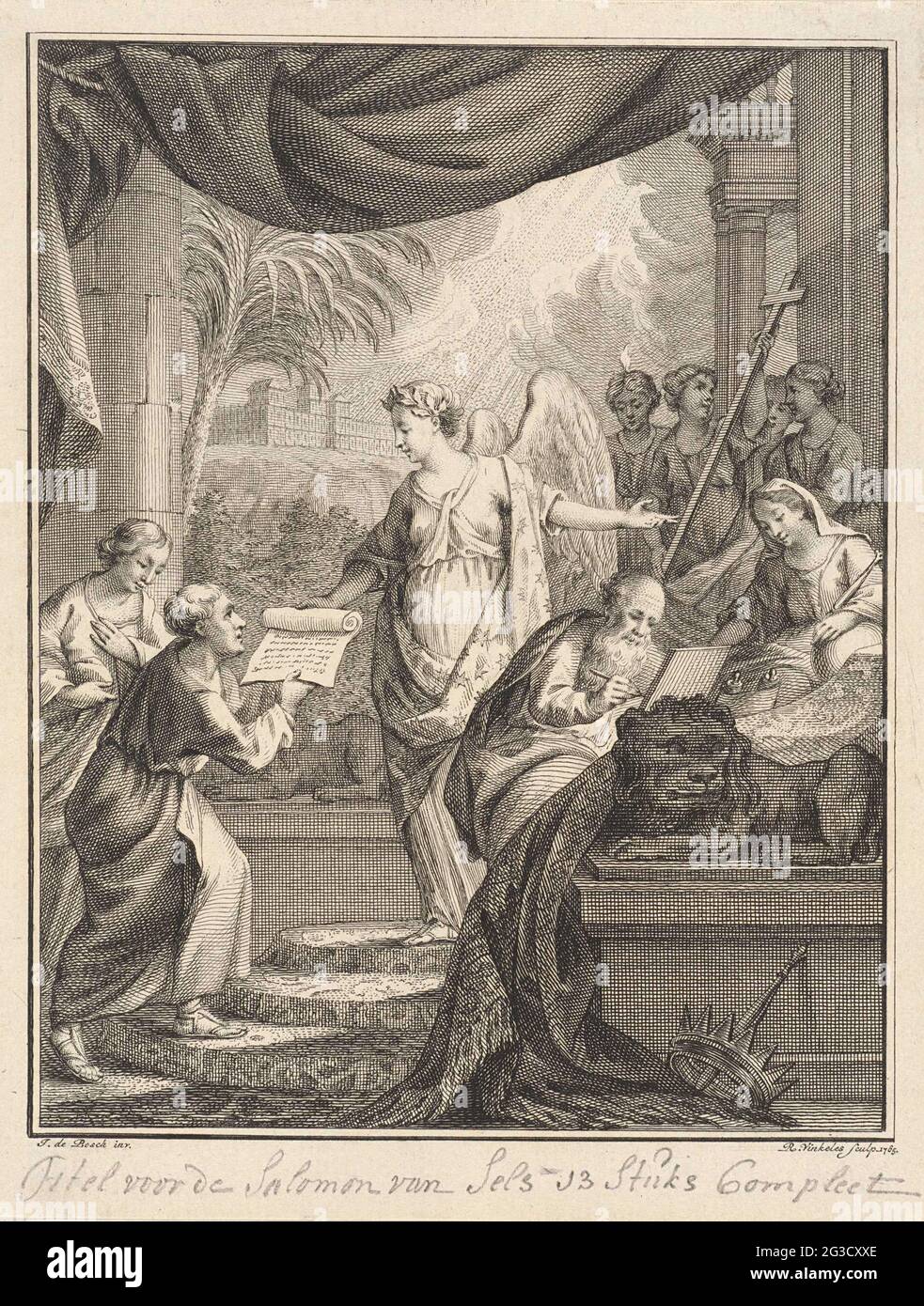 Allegorical performance with an angel. An angel reaches a monk a roll ...