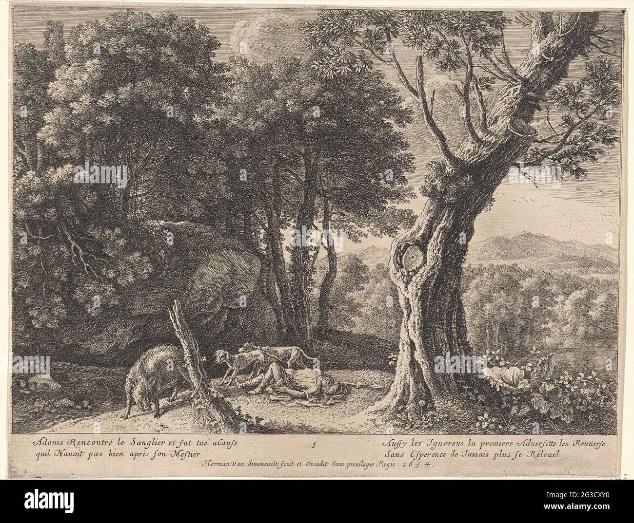 Death of Adonis; Adonis story. In a hilly landscape with tree ladies ...