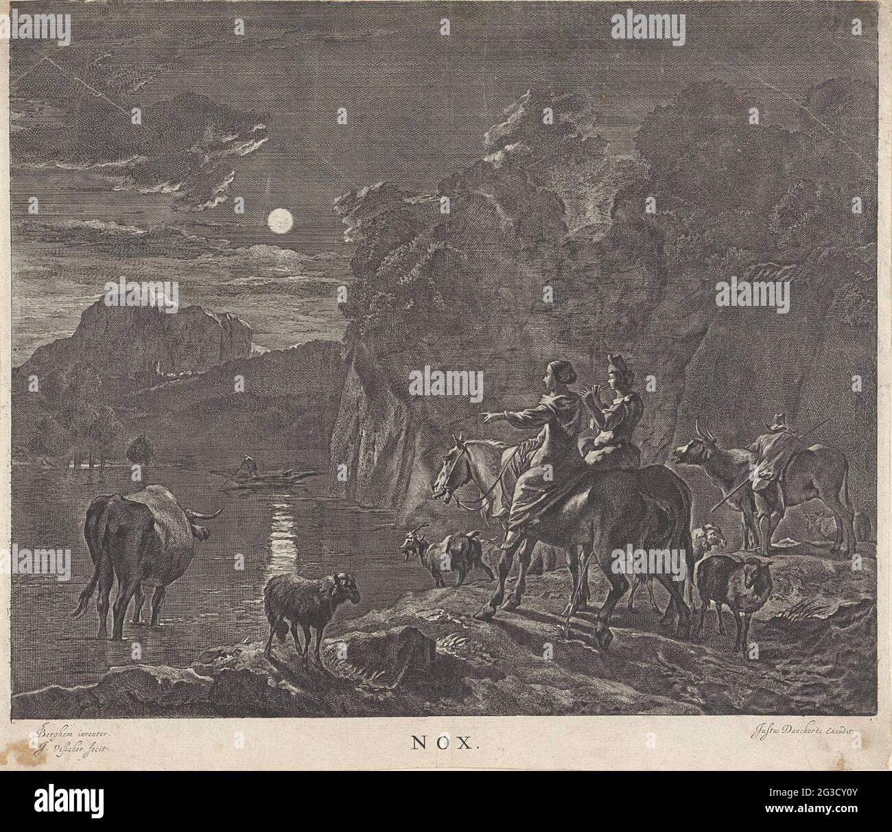 Night; Nox.; The four parts of the day. View of a hilly landscape at ...