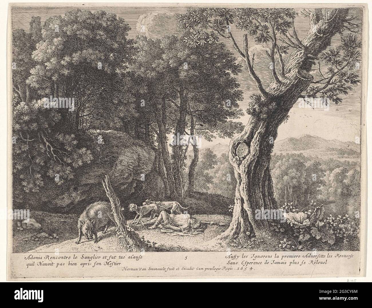 Death of Adonis; Adonis story. In a hilly landscape with tree ladies ...