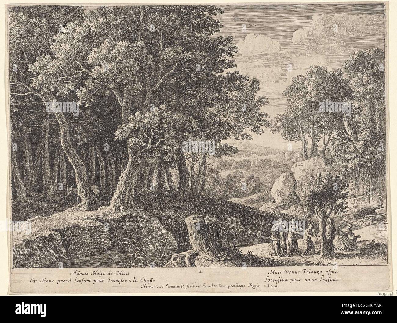 Birth of Adonis; Adonis story. In a hilly landscape with a river ...
