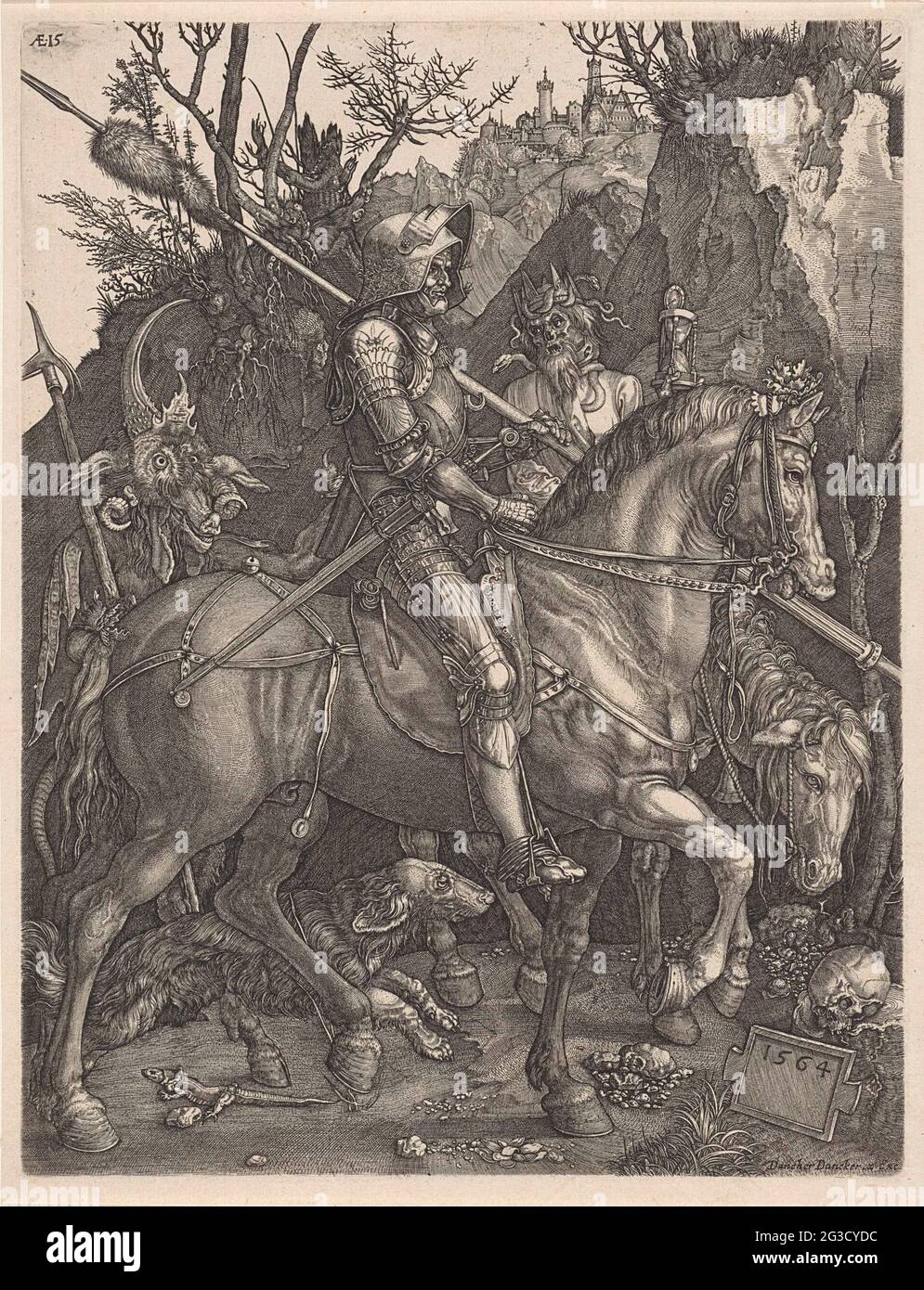 Knight, death and devil. A knight on horseback on a rocky path with his ...