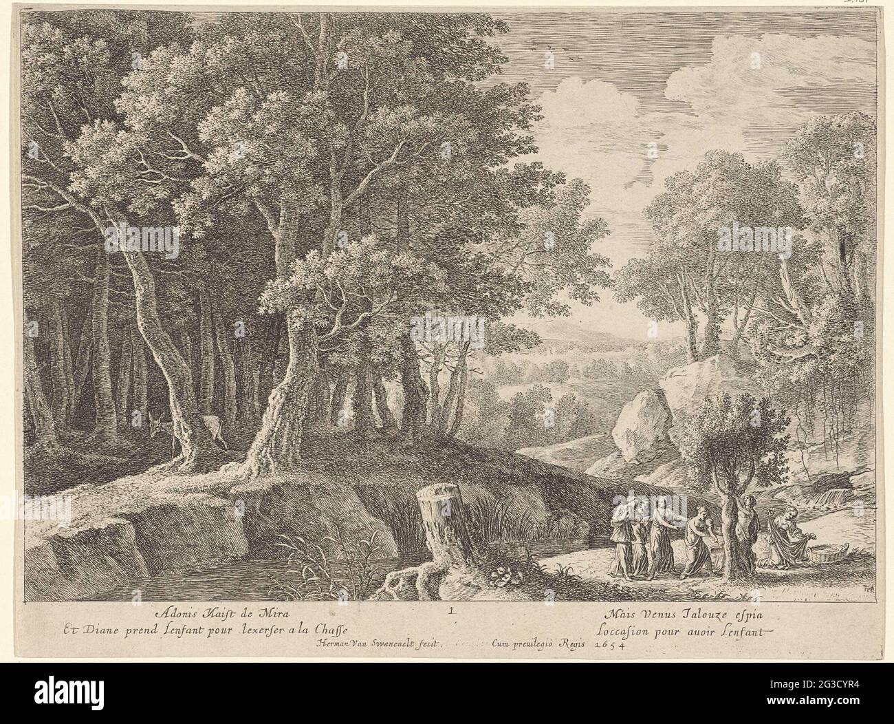 Birth of Adonis; Adonis story. In a hilly landscape with a river ...
