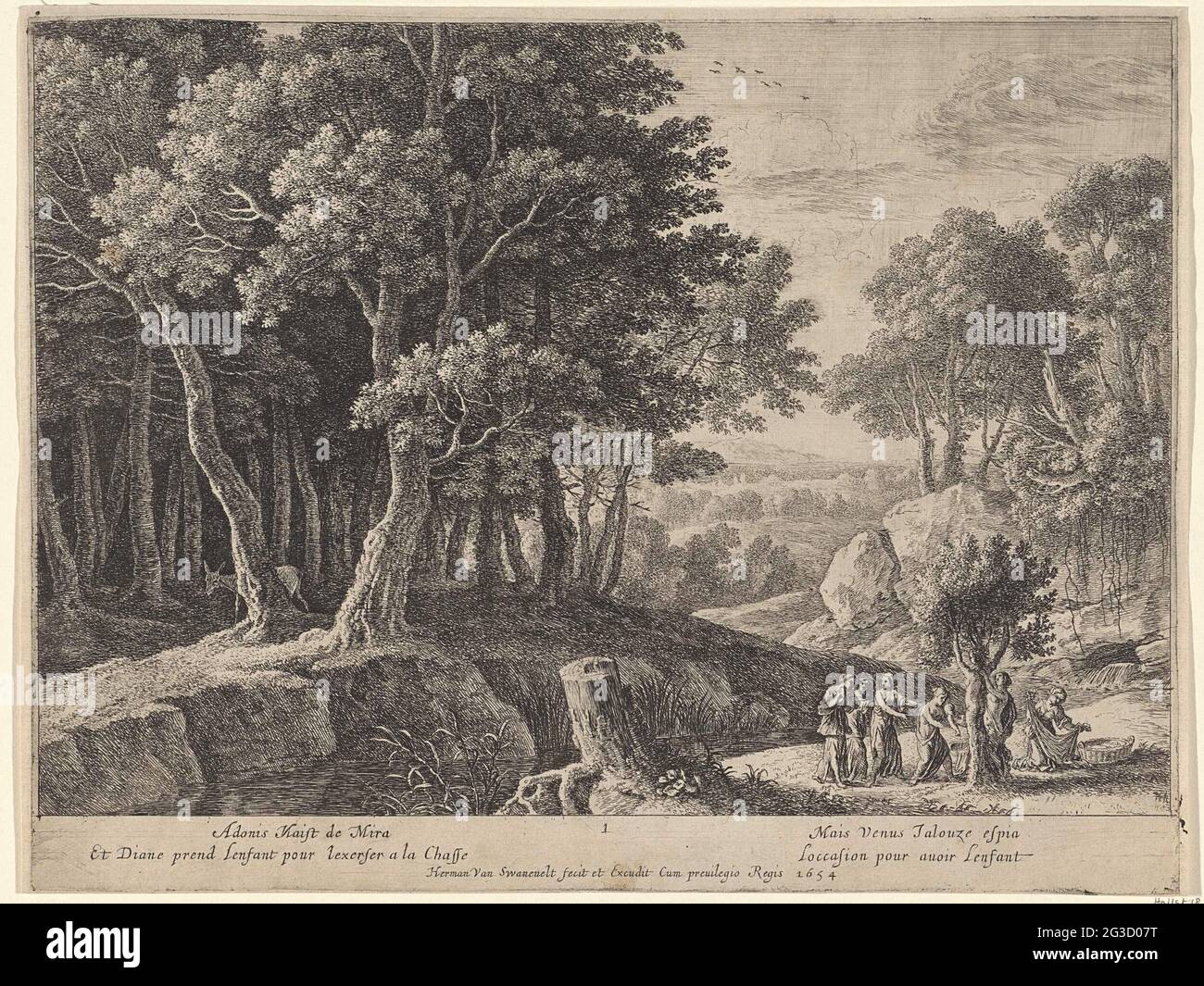 Birth of Adonis; Adonis story. In a hilly landscape with a river ...
