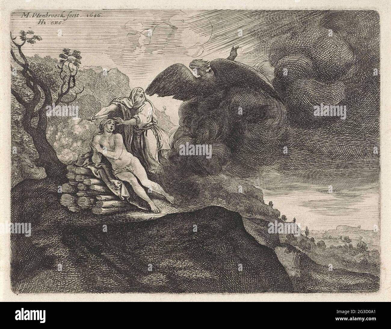 Abraham sacrifice. Abraham is ready to sacrifice his son Isaac. Above ...