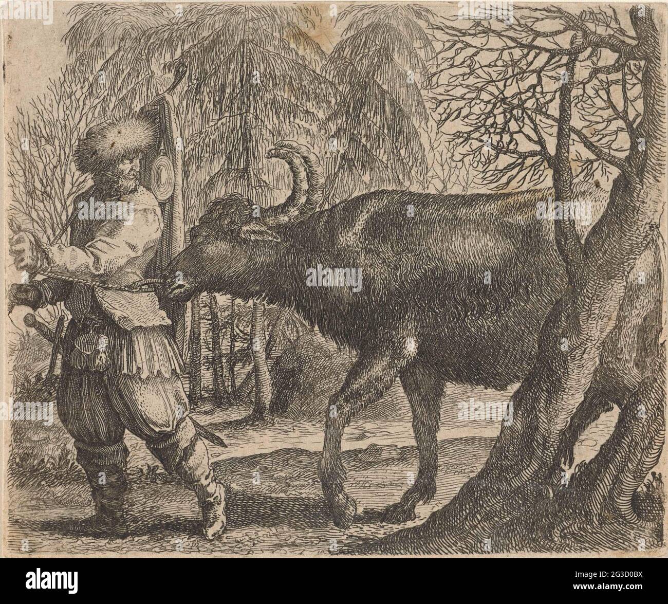 Fable of the buffalo and the farmer. A farmer leads a buffalo a rope ...