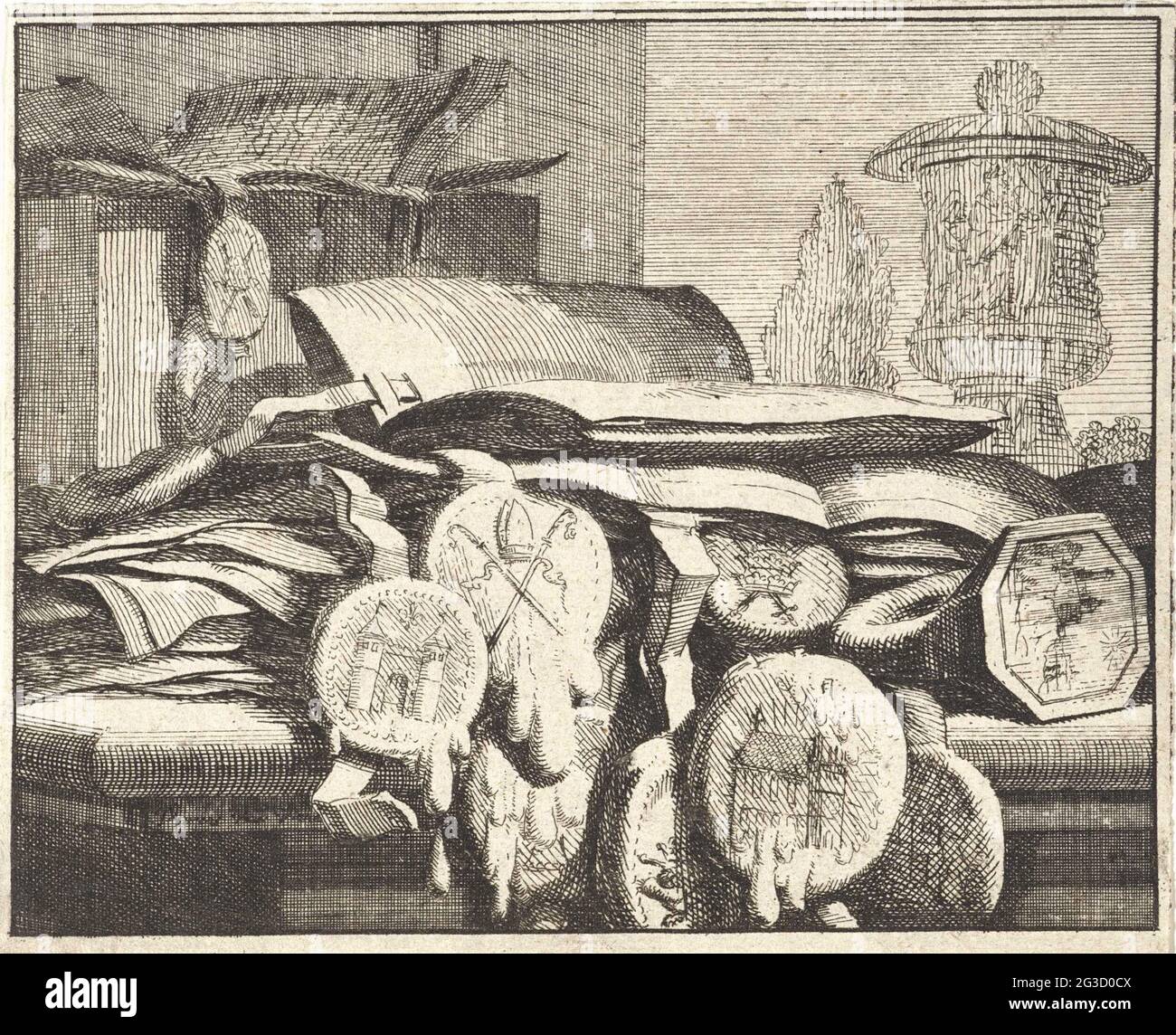 Molten stamps and a signet ring. There are documents on a table whose ...