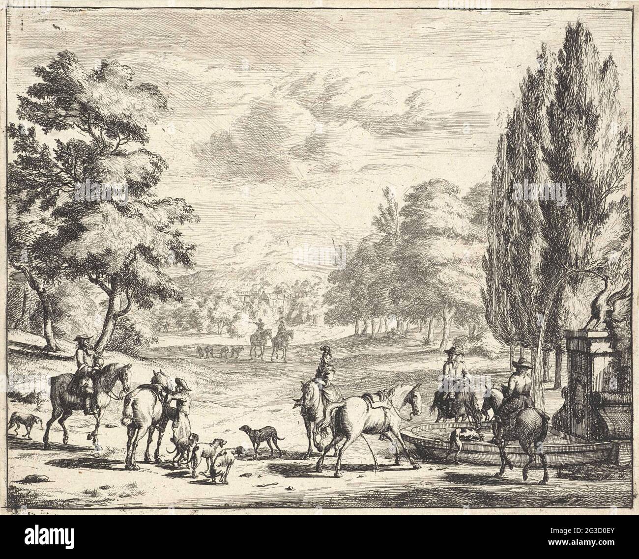 Hunting party resting at a fountain. Hunting hunting, with dogs ...