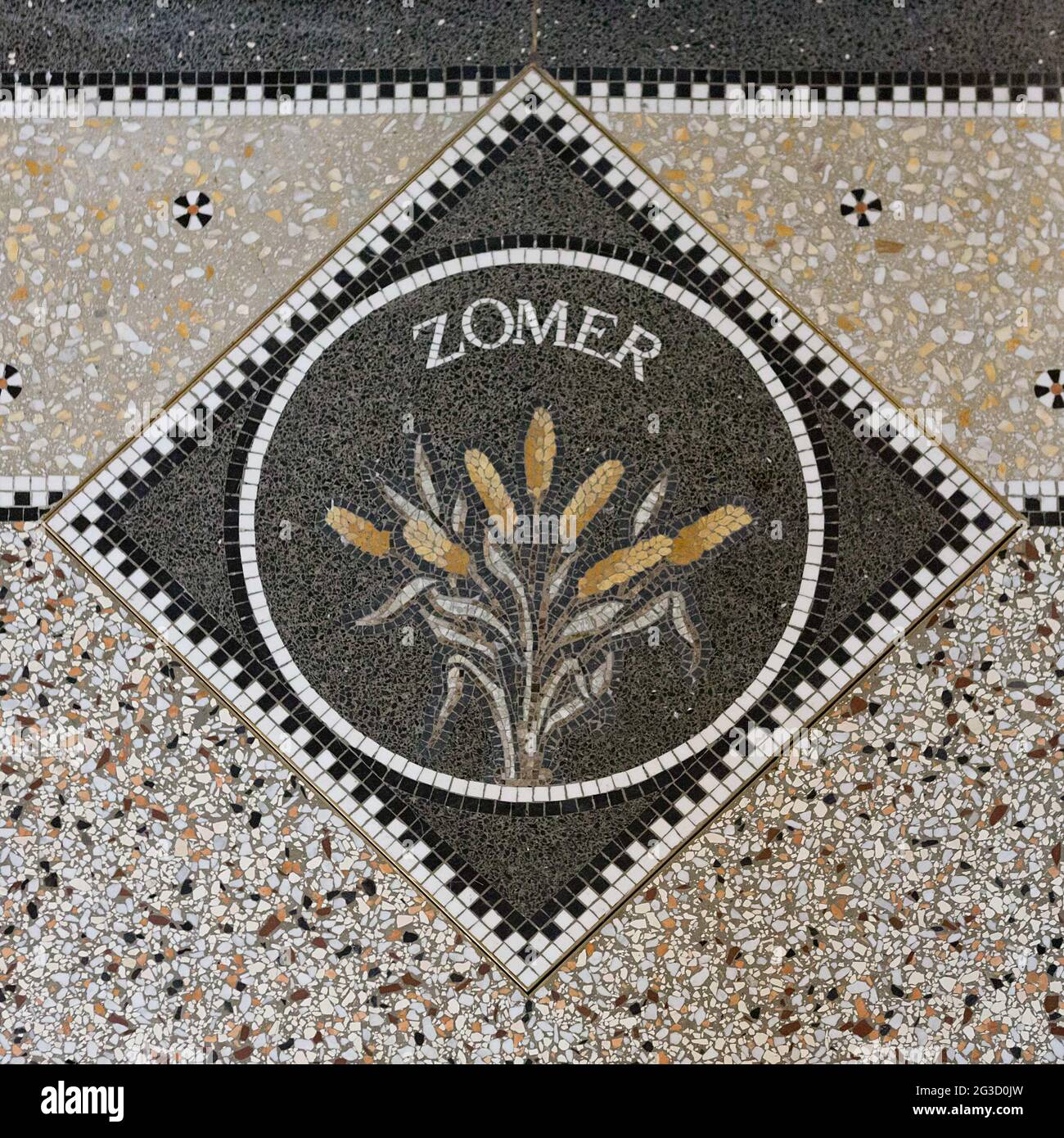 Detail of the mosaic in the front hall with grain and the text summer ...