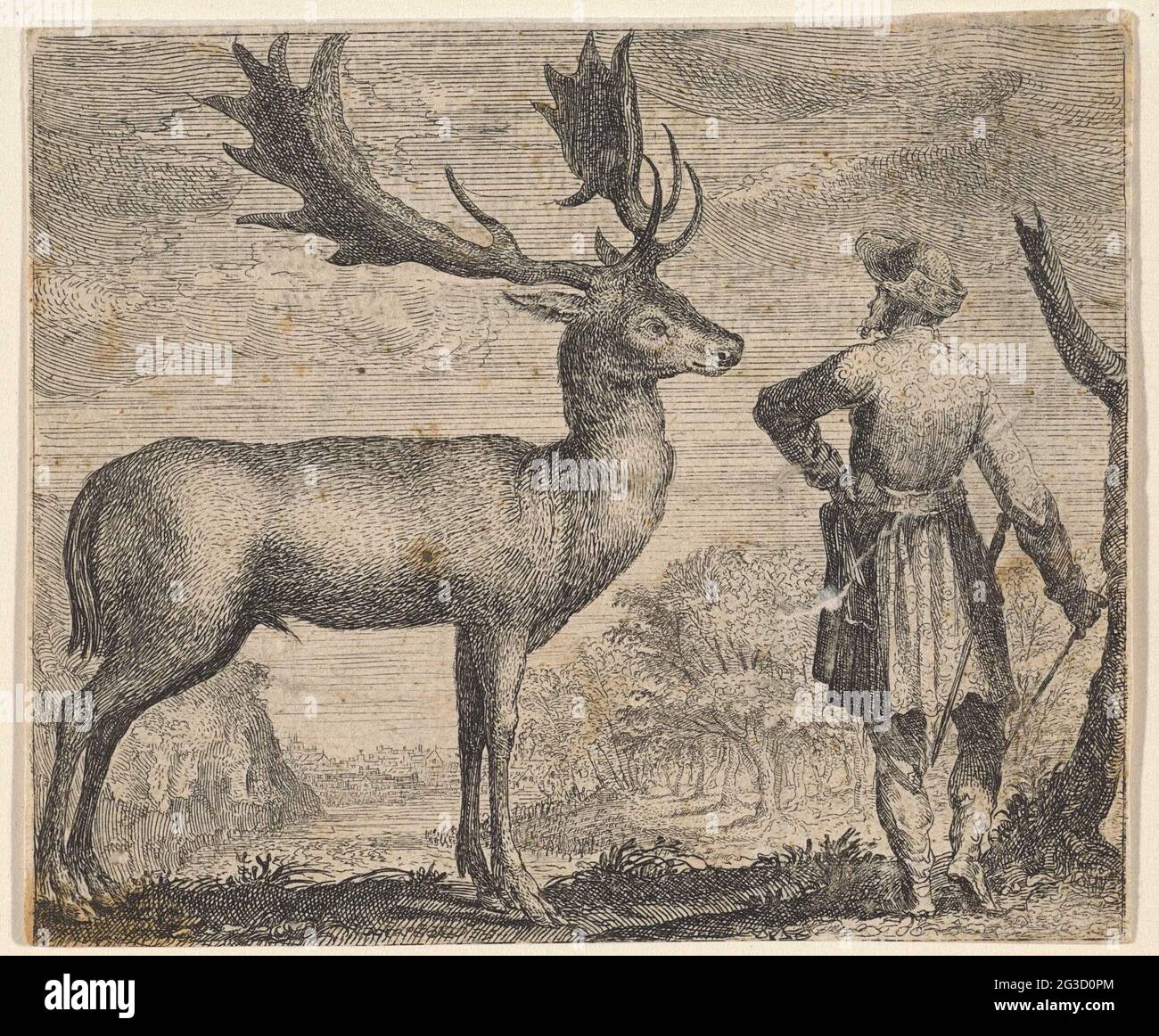 Fabel of the moose and man. A moose stands for a man with a staff Stock ...